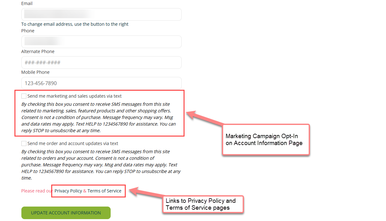 Twilio Opt-In Screenshots for Marketing Campaign – Local Food Marketplace
