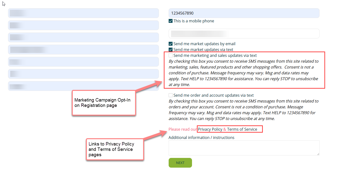 Twilio Opt-In Screenshots for Marketing Campaign – Local Food Marketplace